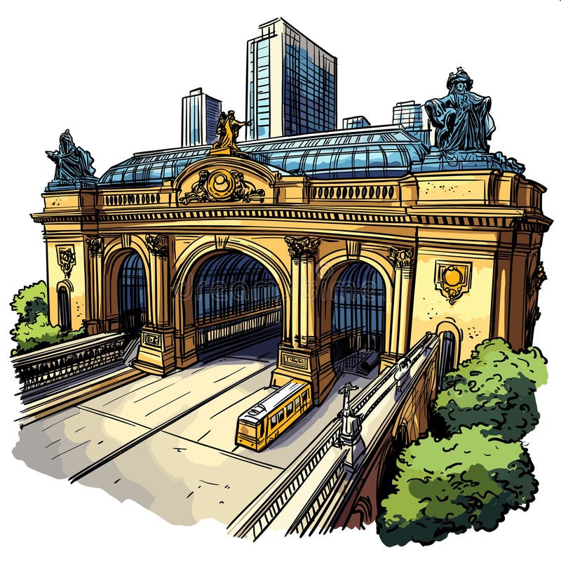 Grand Central Terminal in New York. Vector Comic Hand-drawn ...