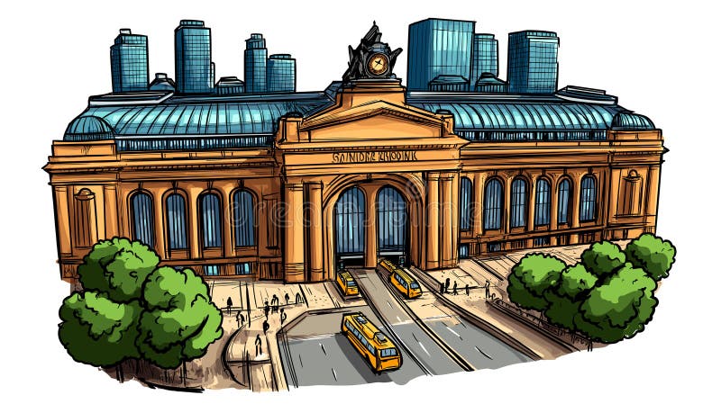 Grand Central Terminal in New York. Vector Comic Hand-drawn ...