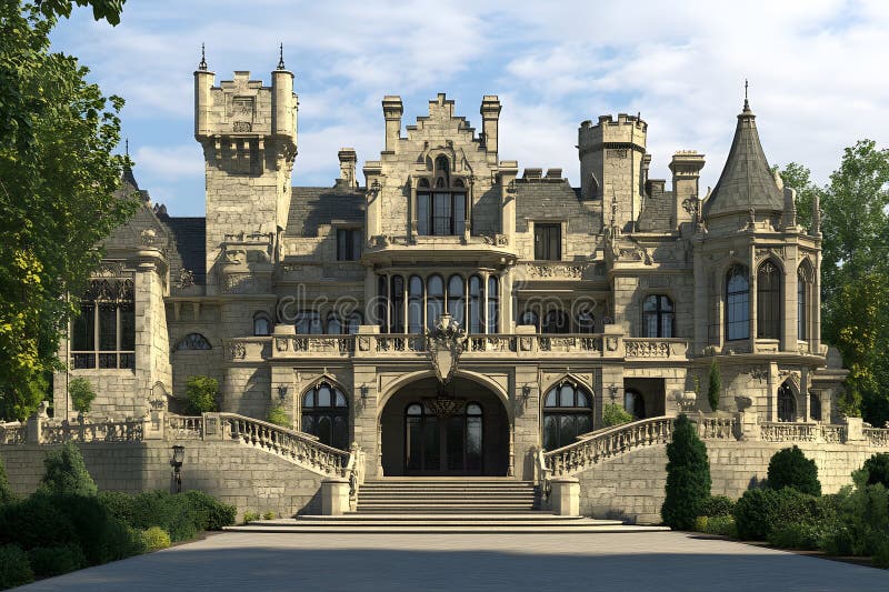 Grand Chateau 3D Render Elegant Stone Mansion Architectural ...