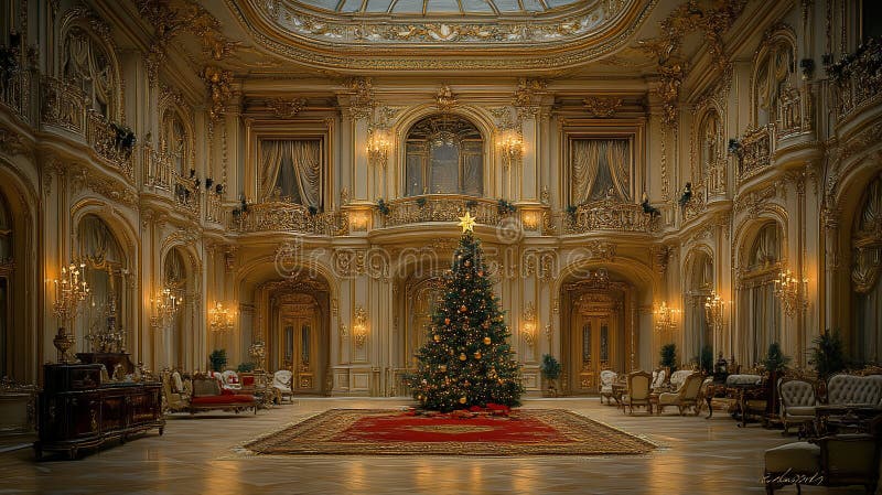 Grand Christmas Tree in Ornate Palace Hall Stock Illustration ...