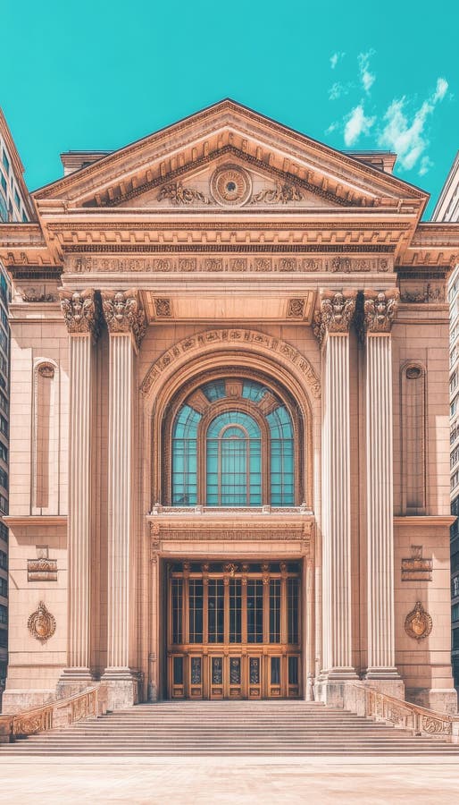 Grand Classical Architecture Facade with Columns, Arch, and Ornate Details, Clear Day Stock ...
