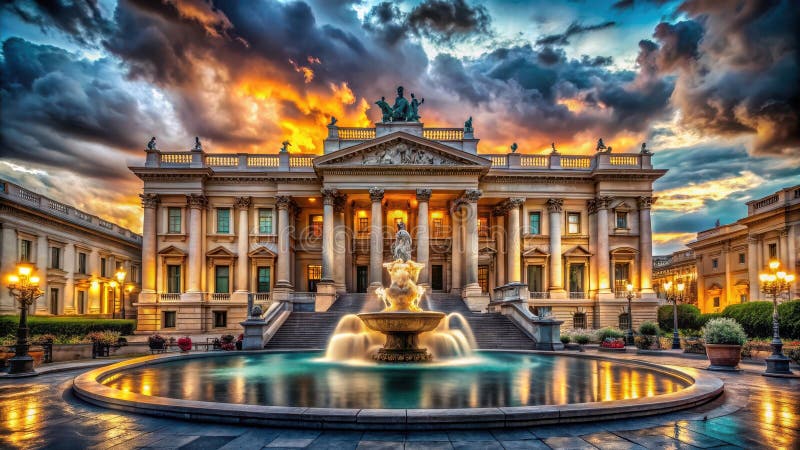 Grand Classical Building with Illuminated Fountain at Sunset ...