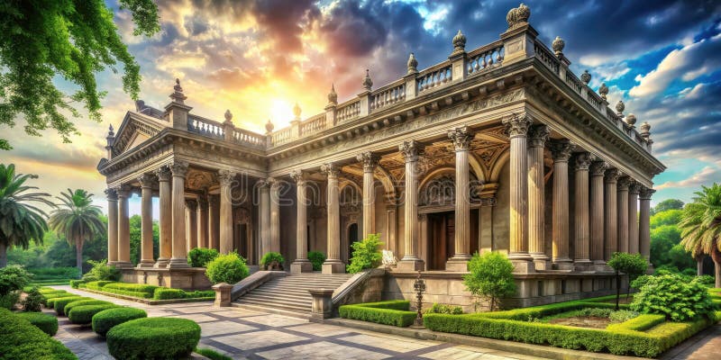 Grand Classical Building at Sunset with Lush Gardens. Generative AI ...