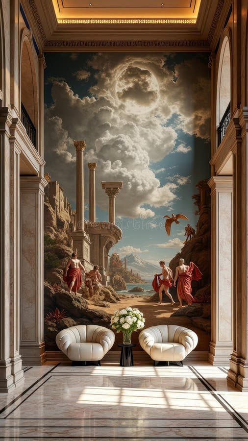 Grand Classical Hall with Majestic Wall Mural Featuring Ancient Scene ...