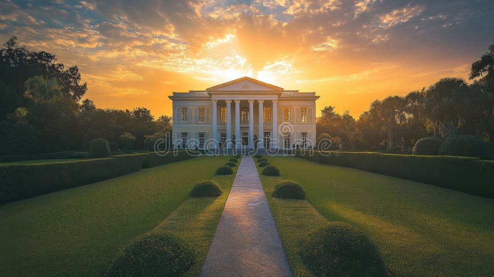 Grand Classical House at Sunset Stock Illustration - Illustration of ...