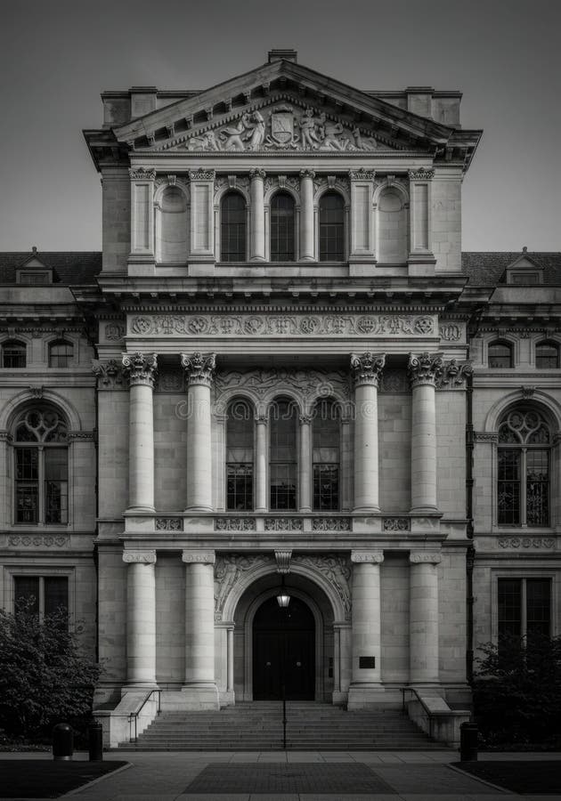 Grand Classical Stone Building Facade in Monochrome Stock Illustration ...