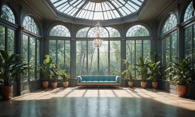 Grand Conservatory with Domed Ceiling, Large Windows, and Blue Sofa ...