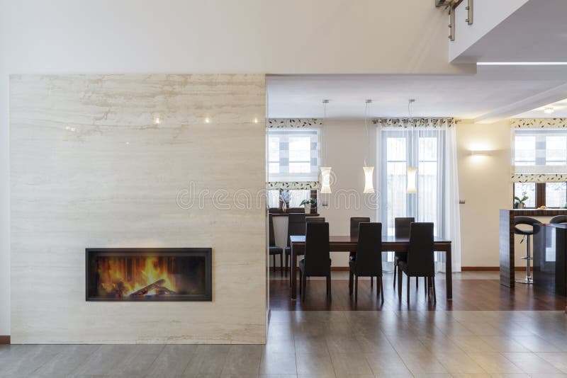 Grand Design - Fireplace and Dining Room Stock Image - Image of ...