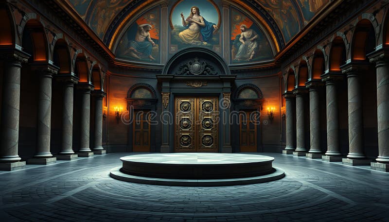 Grand Hall with Ornate Doors and Religious Frescoes Stock Illustration ...