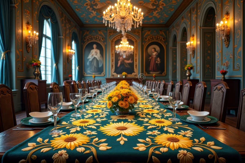 Grand Dining Hall with Elegant Table Setting and Floral Decor Stock ...
