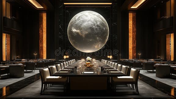 Grand Dining Hall with a Large Moon Display Stock Image - Image of ...