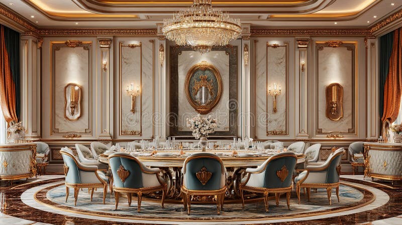 Grand Dining Room with Ornate Details Stock Illustration - Illustration ...