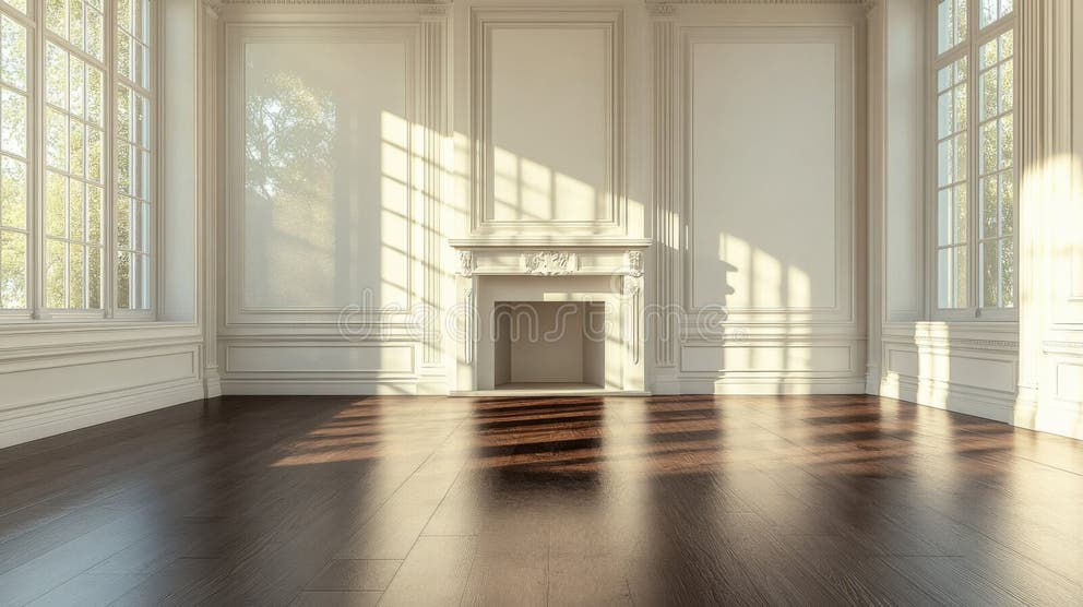 Grand Empty Room with Fireplace and Sunlight with Elegant Tones and ...
