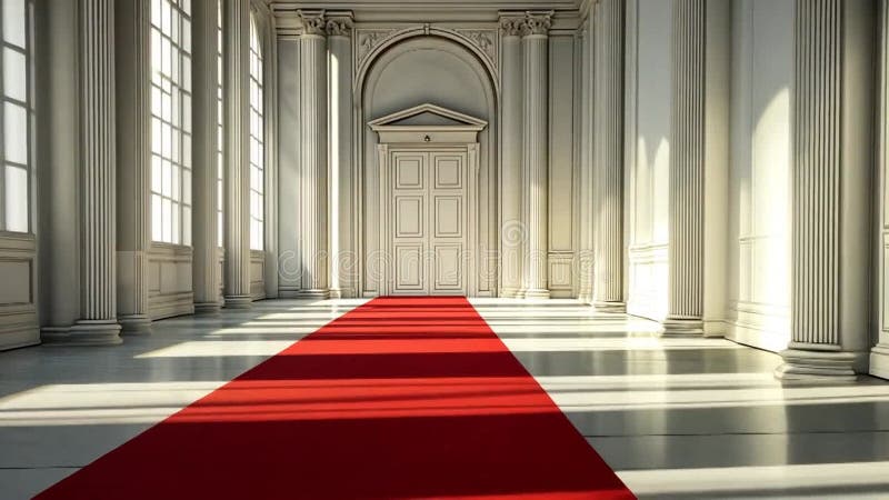 Grand Entrance with a Red Carpet, Lined by White Columns and Sunlight ...