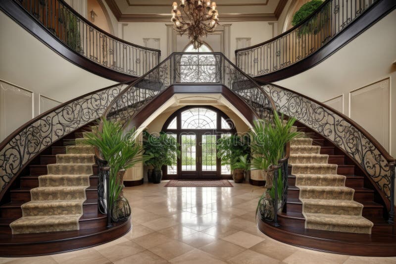 Grand Entrance with Sweeping Staircase and Intricate Ironwork Stock ...