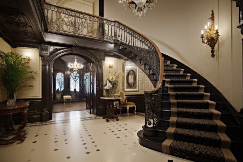 Grand Entrance with Sweeping Staircase and Intricate Ironwork Stock ...