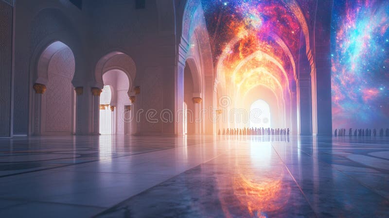 A Grand, Ethereal Hall with Cosmic Visuals and Reflective Surfaces ...