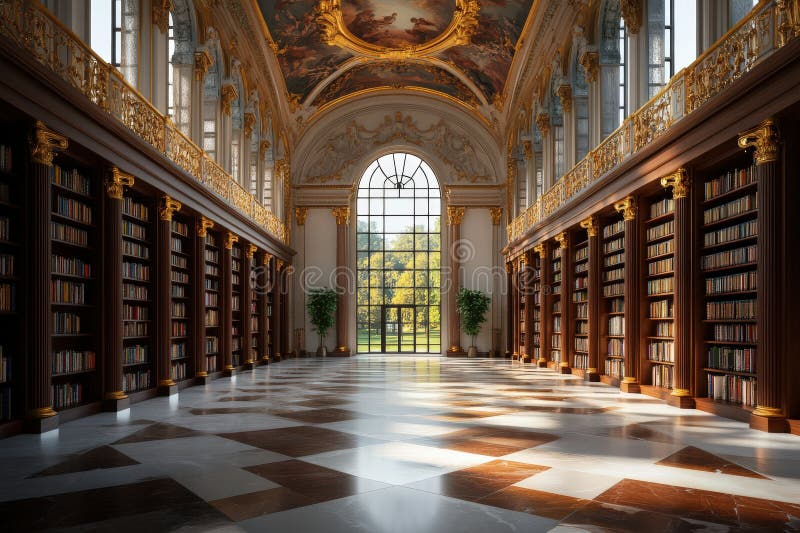 Grand European Library with Ornate Architecture and Sunlit Interior ...
