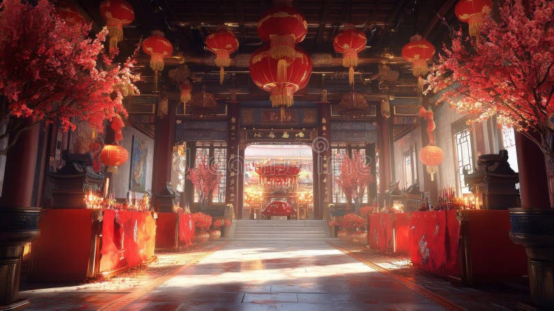 Grand Festive Temple Interior with Red Lanterns and Sunlight Stock ...