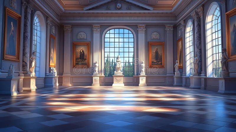 Grand Gallery, Sunlight Streaming, Paintings, Sculptures, Museum Stock ...