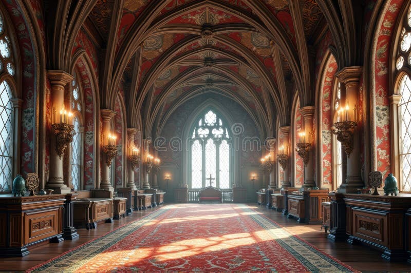 Grand Gothic Hall with Arched Ceilings and Ornate Chandeliers in ...