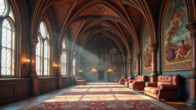 Grand Gothic Hall with Luxurious Leather Furniture and Sunlit Windows ...