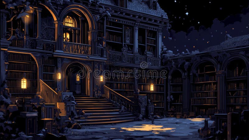 Grand Gothic Library at Night Stock Illustration - Illustration of ...