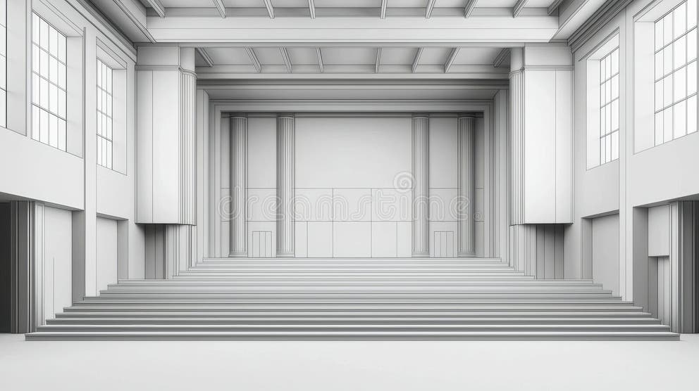 Grand Hall Auditorium Architectural Wireframe Model Empty Stage Columns ...