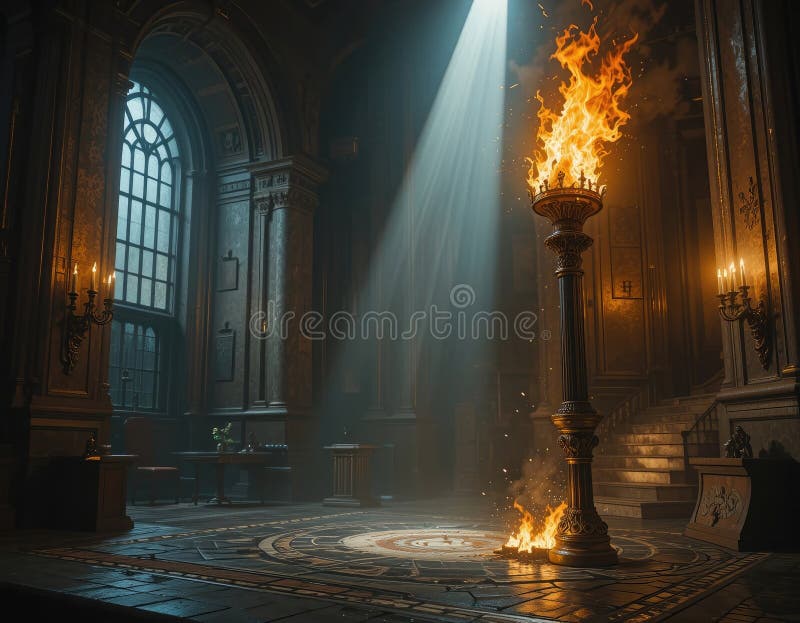 Grand Hall with Burning Torch and Sunlight Shining through Window Stock ...