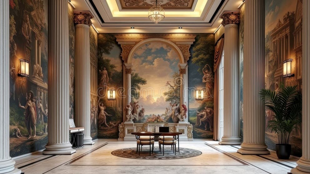 Grand Hall with Classical Art Murals and Majestic Columns in Luxurious ...