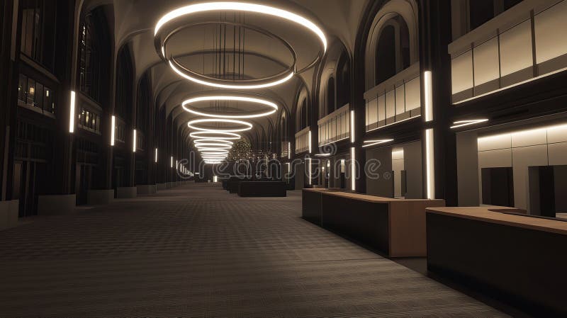 Grand Hall, Empty, Night, City View, Reception Desks, Architectural ...