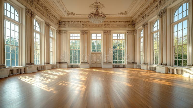 Grand Hall, Empty Room, Sunlight Streams, through Large Windows ...