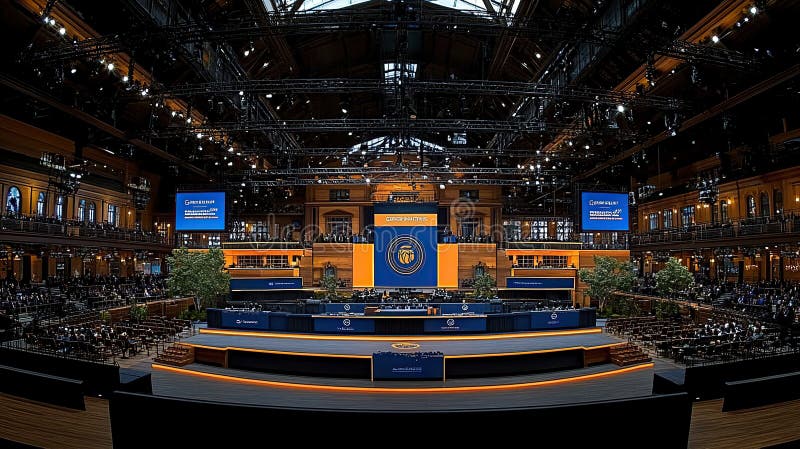 Grand Hall Event Setup with Stage, Screens, and Audience Stock ...