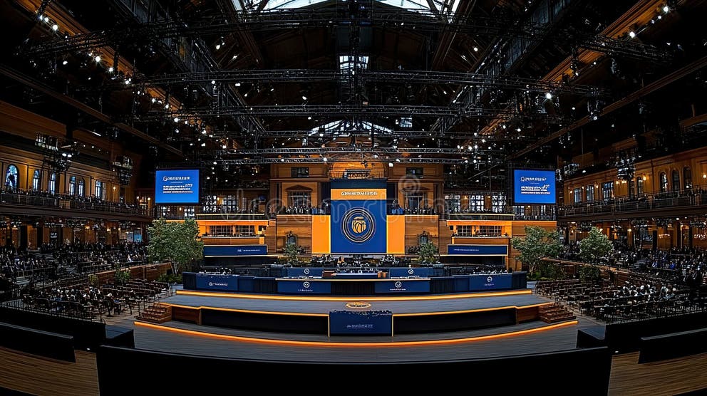 Grand Hall Event Setup with Stage, Screens, and Audience Stock ...