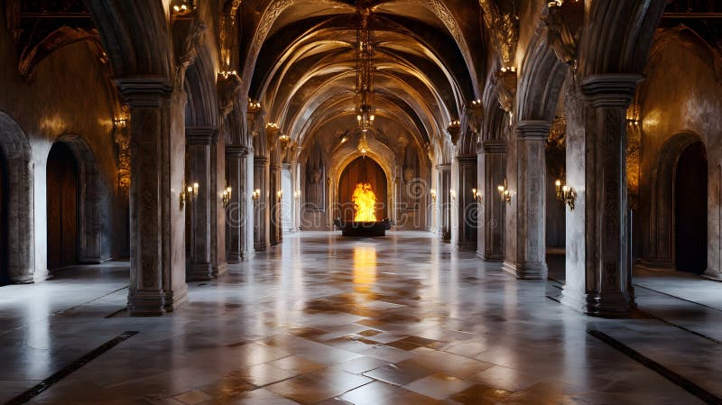 Grand Hall with Fire Feature. Majestic Interior. Stock Illustration ...