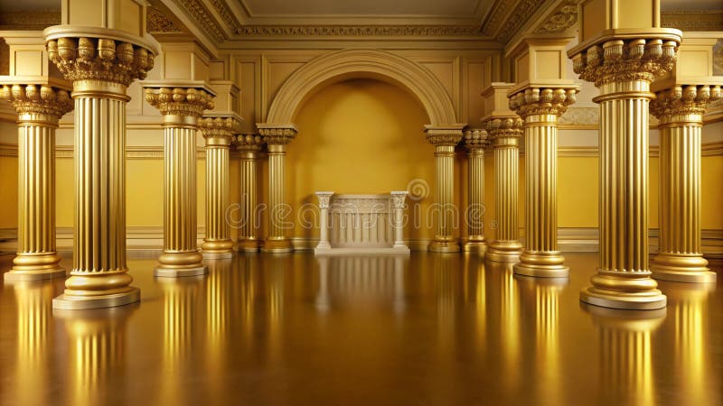 A Grand Hall with Golden Columns and a Marble Fireplace Stock ...