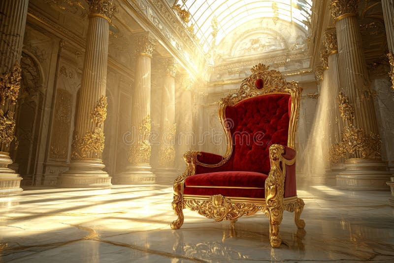 A Grand Hall Hosts a Regal King Throne, Adorned with Complex Carvings ...