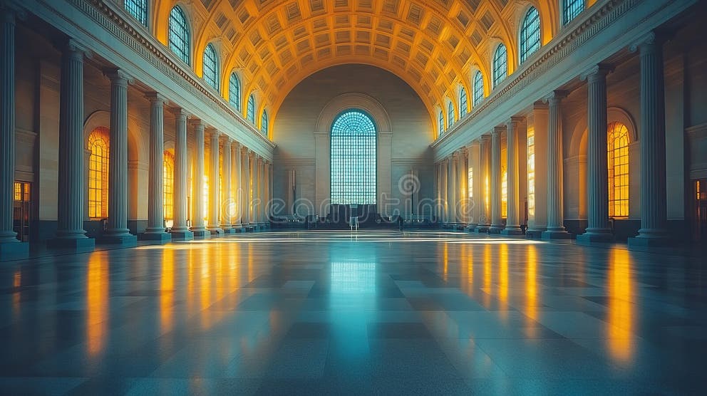 Grand Hall Interior with High Ceiling, Columns, Large Window, and ...