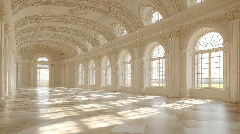 Grand Hall Interior with Sunlight Streaming through Large Windows Stock ...