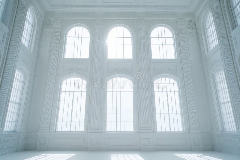 Grand Hall with Large Windows Illuminated by Sunlight in Elegant ...
