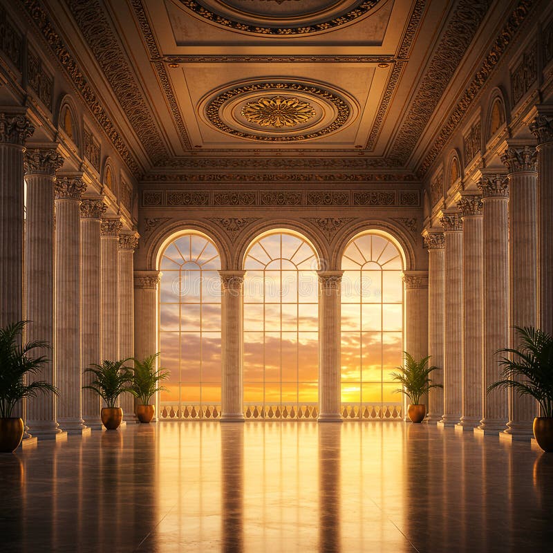 Grand Hall with Neoclassical Architecture Features Tall, Fluted Columns ...