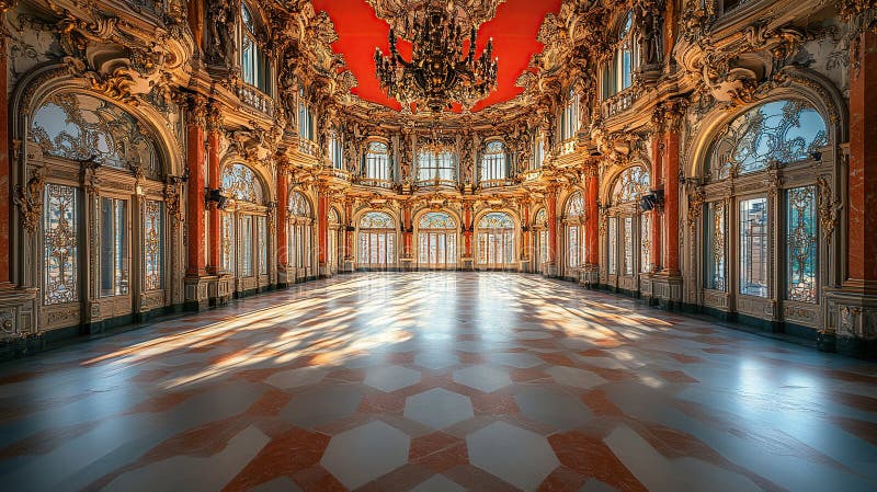 Grand Hall with Ornate Architecture Stock Illustration - Illustration ...