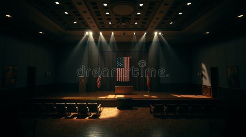 Grand Hall with Stage, Flags, and Spotlight Beams Illuminating the ...