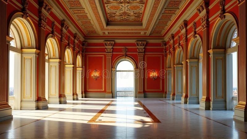 Grand Hallway with Arched Windows and Sunbeams. Stock Illustration ...