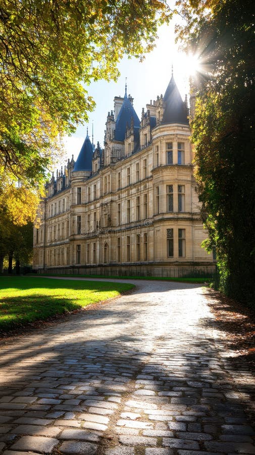 Grand Historic Building with Sunlight Filtering through Trees Stock ...