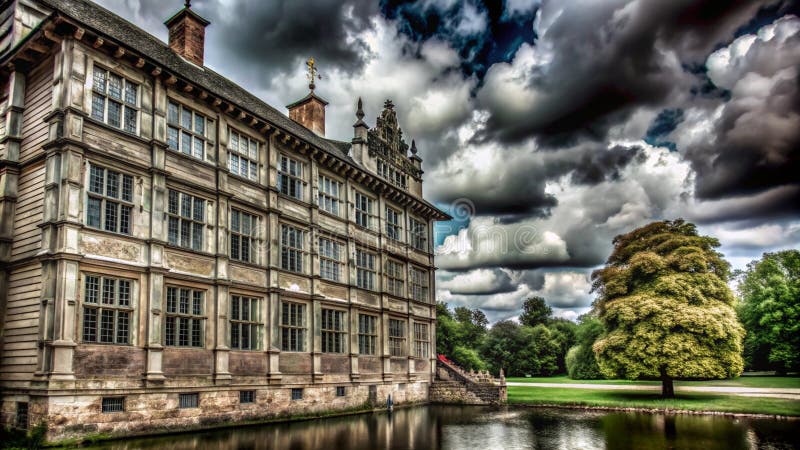 A Grand, Historic Manor House with a Moat and a Large Tree in the ...