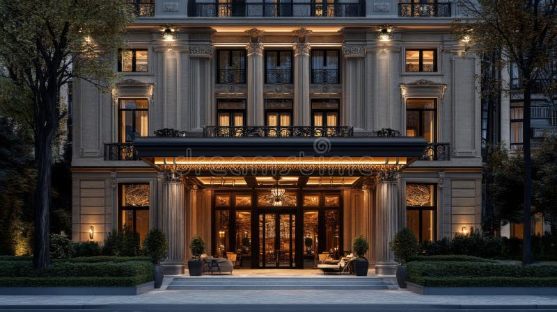 Grand Hotel Entrance at Night with Classic Architecture Stock ...
