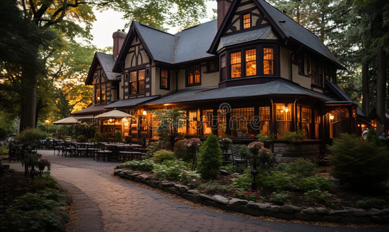 Grand House Illuminated in Night Stock Photo - Image of illuminated ...