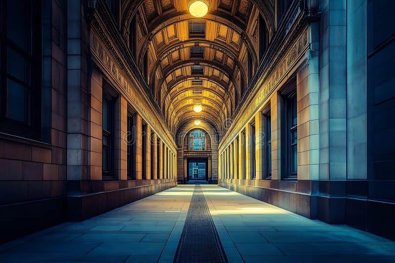Grand Illuminated Corridor of Historic Building Stock Illustration ...