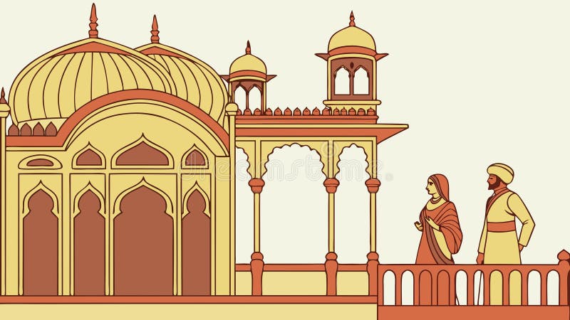 Grand Indian Palace View with Courtyard Figures, Vector Design ...